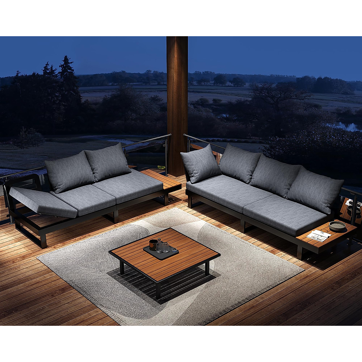 LUXOAK 6-Piece Patio Furniture Sets, Outdoor Aluminum Furniture Sofa, with Wood Side Table & Washable Cushions