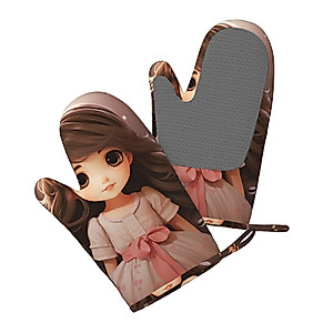 Cute Little Girl Printed Oven Mitts Heat Resistant Oven Gloves Non-Slip Silicone Kitchen Gloves for Cooking Baking BBQ Gloves 1 Pair