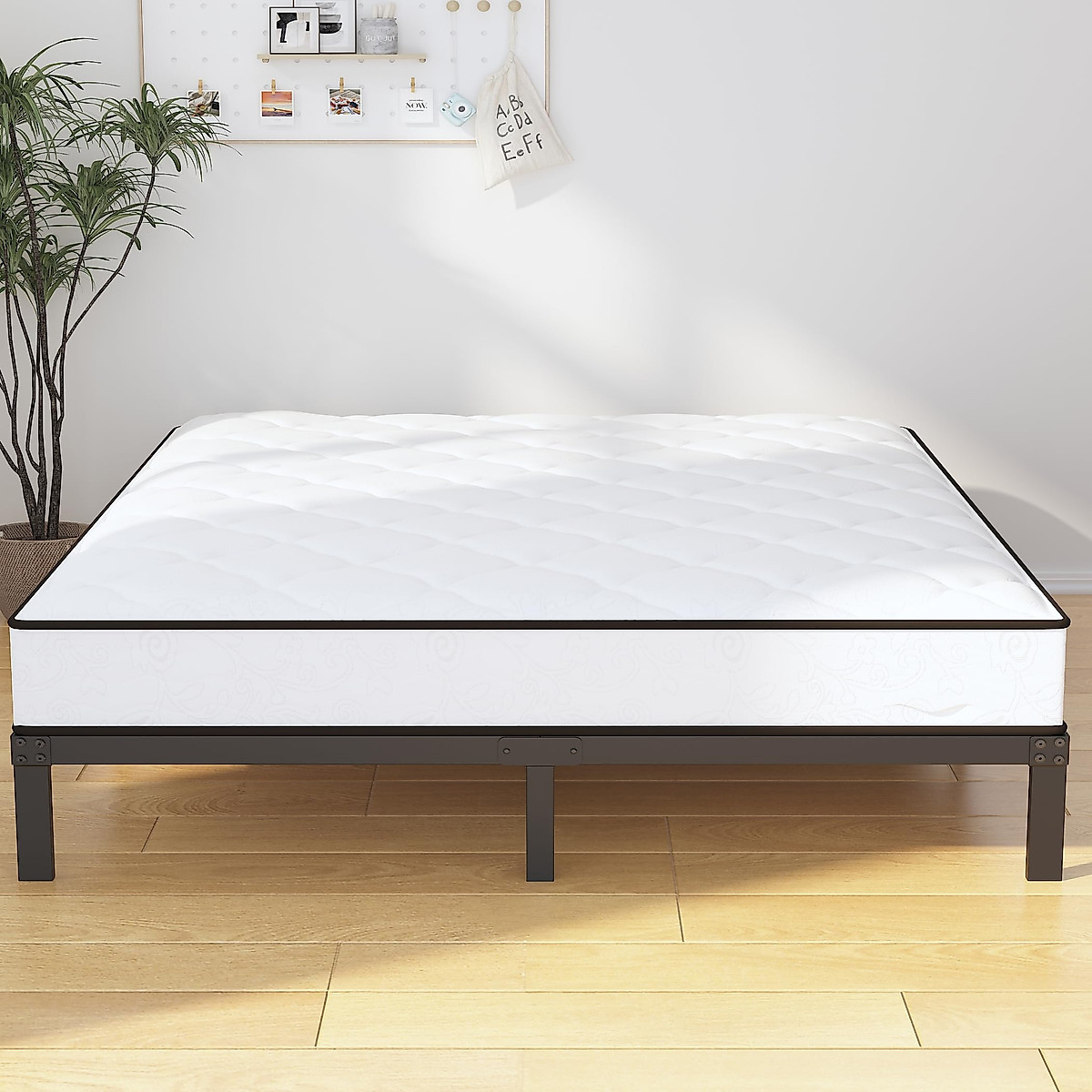 EMODA Queen Bed Frame No Box Spring Needed 6 Inch Heavy Duty Metal Platform BedFrame Queen Size with Steel Slats, Easy Assembly, Black