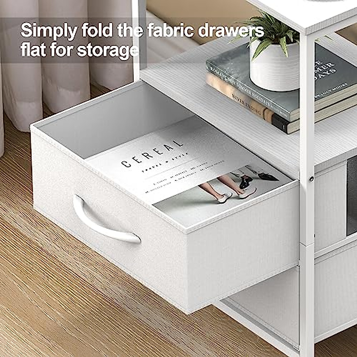 DOMYDEVM White Nightstand with Charging Station Bedroom Night Stand Bedside Table with USB Ports and Outlets Small Side End Table with 2 Fabric Storage Drawers for Living Room Dorm