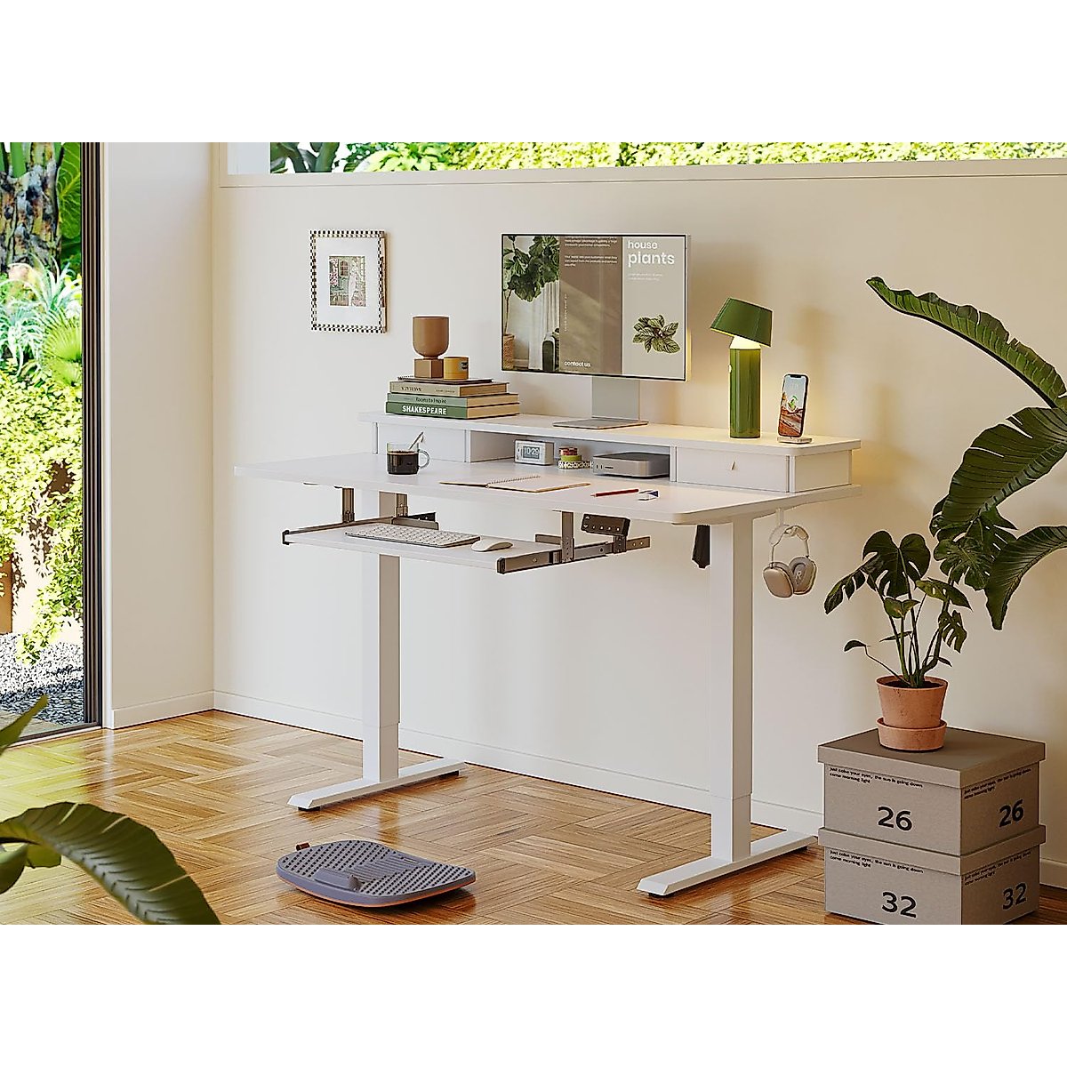 FEZIBO Standing Desk with Drawers, Adjustable Height Desk with Keyboard Tray, Stand Up Desk with Storage Shelf, 48 x 24 Inchs, White Top