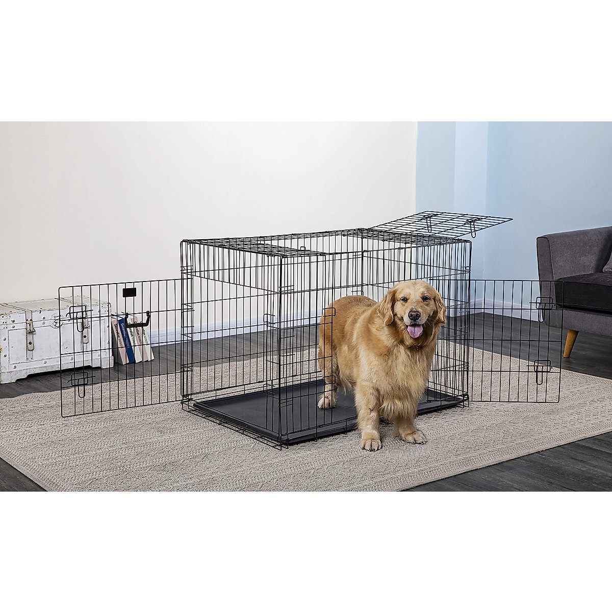 Go Pet Club 36-Inch Three Door Folding Metal Wired Cage Crate Dog Kennels Outdoor and Indoor Pet with Divider Panel, Removable Tray and Handle, Black