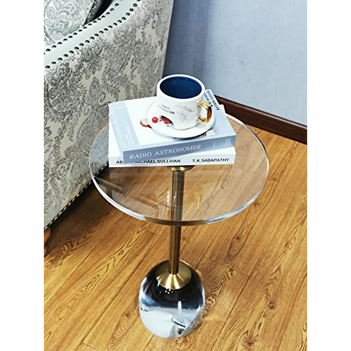 TPZLRN Acrylic End Table, Acrylic Side Table,Clear Round Side Table with Brass-Colored Metal Support Rod for Office Living Room Bedroom, Easy Assembly