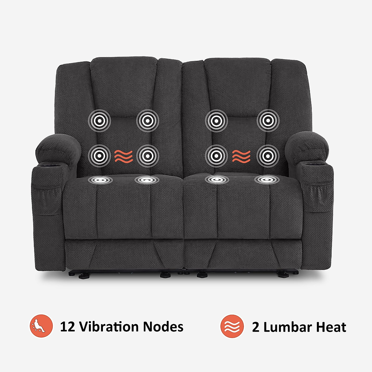 MCombo 61.8" Power Loveseat Recliner with Heat and Vibration, Fabric Electric Reclining Loveseat, USB Charge Port, Cup Holders for Living Room 6025 (Grey)