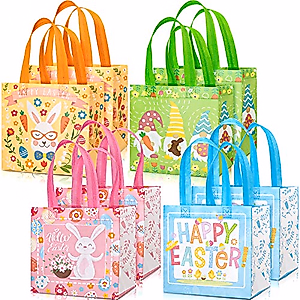 Whaline Easter Non-Woven Gift Bags with Handles Reusable Waterproof Tote Bags Bunny Easter Egg Cute Gnome for Easter Holiday Gifts Wrapping Egg Hunt Game Spring Party Gifts Wrapping, 8 Pack