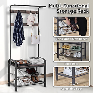 cenivi Hall Tree with Bench and Shoe Storage, 4-In-1 Entryway Bench with Coat Rack, with Hanging Rod, 9 Removable Coat Hooks, Shoes Rack, Assembled Hall Tree with Storage Furniture, Gray