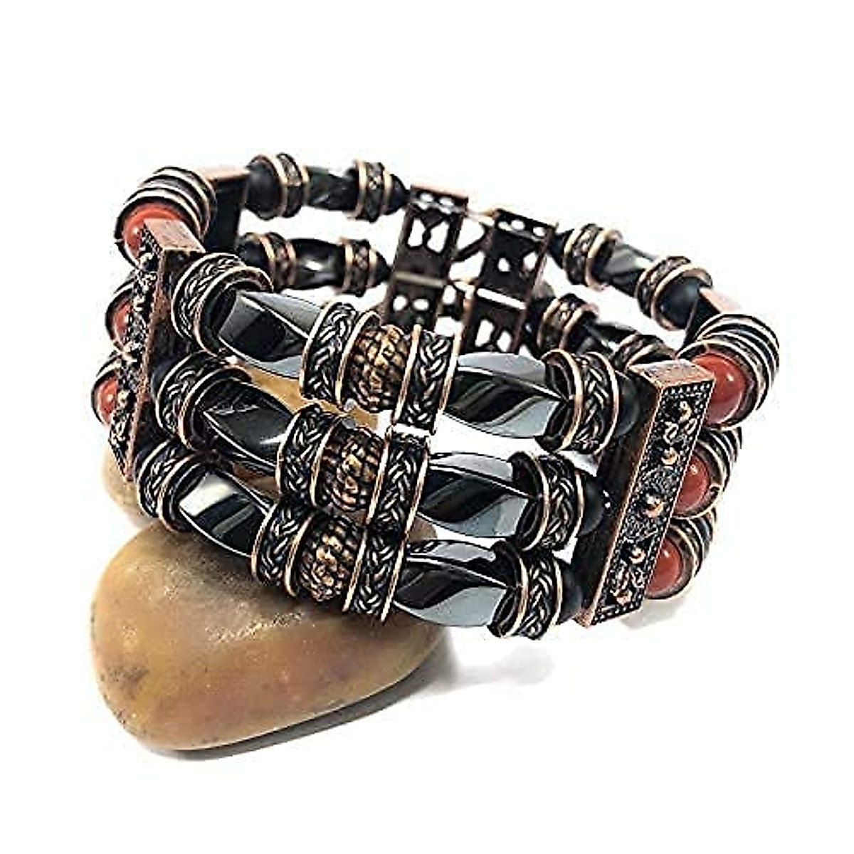 Native American Inspired Bracelet Beaded Bohemian Cuff Bracelets for Women Men Red Jasper and Black Onyx Jewelry