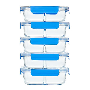 DASAAN 10 Piece Glass Food Storage Containers with 2 compartment and Airtight Lid, Glass Meal Prep Containers, Easy Stack Containers, Freezer to Oven, Microwave and Dishwasher safe