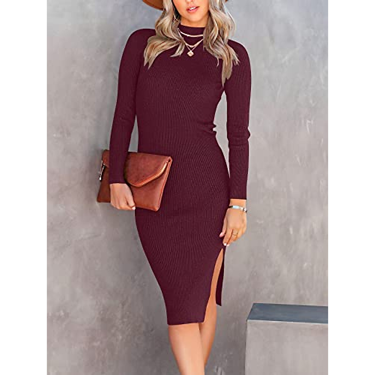 ANRABESS Women 2023 Fall Sweater Dress Turtleneck Long Sleeve Sexy Slim Fit Slit Boydcon Midi Dresses for Elegant Wedding Guest 308jiuhong-M Wine Red