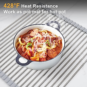 Elyum Dish Drying Rack Over The Sink Dish Drying Rack Stainless Steel Roll Up Dish Drying Rack Foldable Dish Rack for Kitchen Counter Dishes Cups Bottles Fruits Forks (17.7” x 10.2”, Gray)