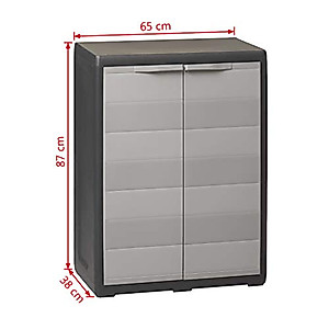Outdoor Plastic Garden Storage Shed Garden Cabinet with Adjustable Shelf Double Doors Bottom Drain Slots Lockable, Black and Grey 65 x 38 x 87 cm (L x W x H)