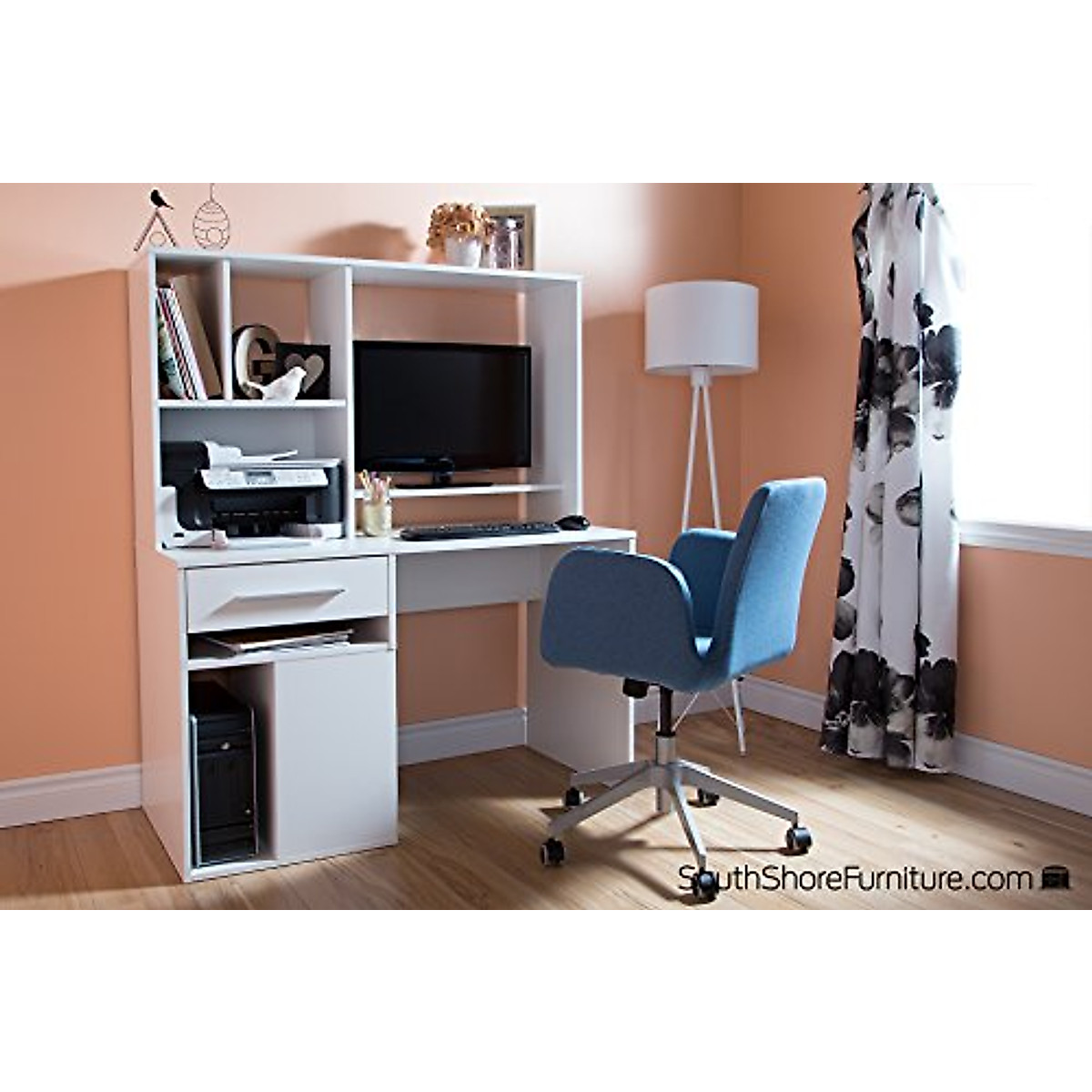 South Shore Narrow Home Office Computer Desk with Hutch, Pure White