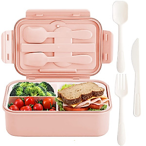 TACGEA Bento Box for Kids and Adults, Lunch Box 37oz Food Storage Container with Fork & Spoon, Knife, BPA Free, Microwave, Dishwasher Freezer Safe (Pink)
