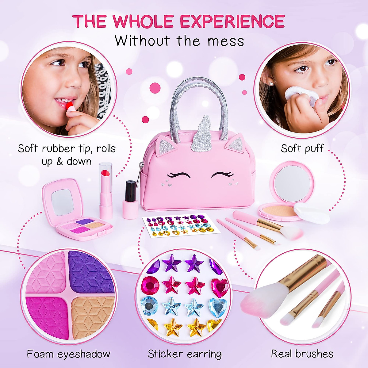 Pretend Play Makeup Kit for Little Girls with Unicorn Purse : Fake (Not Real) Make up Toy Set for Toddler and Kids - Includes Phone with Sounds, Princess Birthday Gift Set for Ages 3 4 5 6 7 8 Years