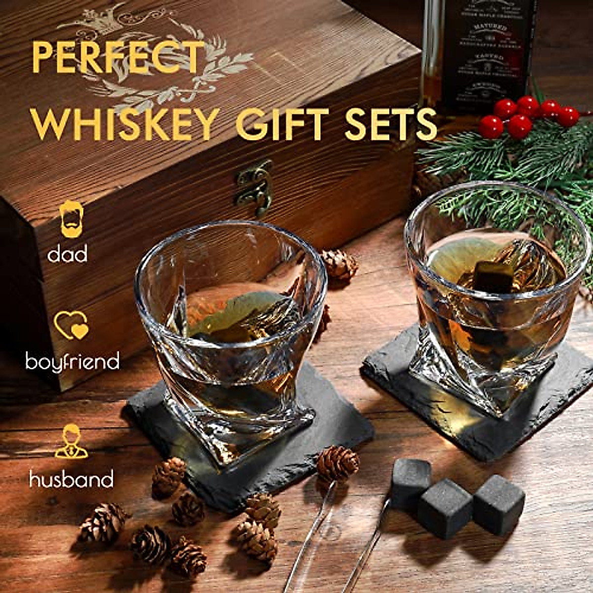Whiskey Stones Gift Set for Men, Jewelvwatchro Whiskey Glasses Set in Wooden Box, 8 Basalt Chilling Rocks & 2 Scotch Glasses for Dad, Husband