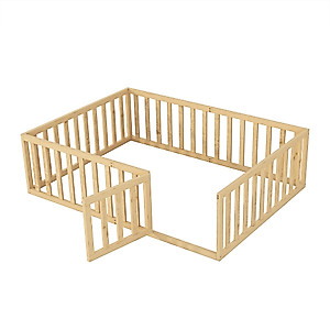 Bellemave Full Size Floor Bed for Kids, Montessori Bed Frame with Fence-Shaped Guardrails and Door, Wooden Floor Full Bed for Kids, Toddler, Boys Girls (Natural, Full Size)
