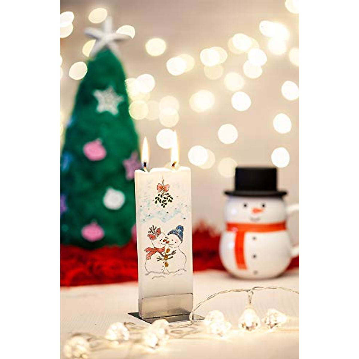 FLATYZ Handmade Christmas Candle - Green & White Tree | Unscented, Drip-Resistant & Smoke-Free 2 Wick Candle for Home & Room Decor | Hand Painted Flat Decorative Candles | Steel Stand Included