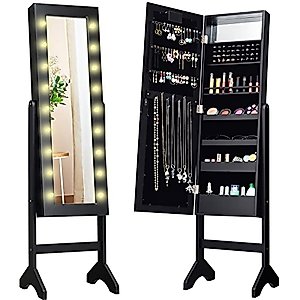 Giantex Standing Jewelry Armoire with 18 LED Lights Around the Door, Large Storage Mirrored Jewelry Cabinet with Full Length Mirror, 16 Lipstick Holders, 1 Inside Makeup Mirror (Black)