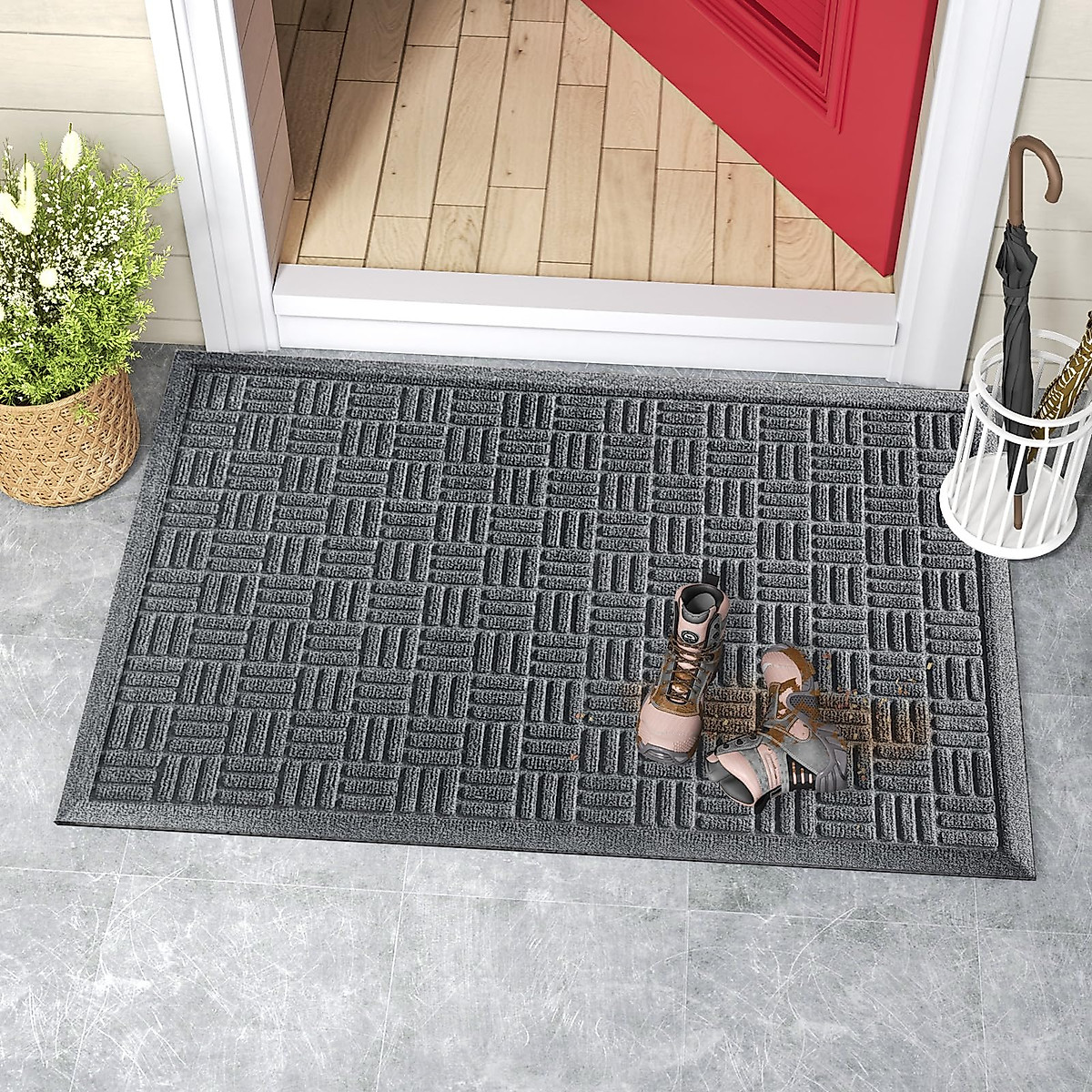 Mibao Front Door Mat Indoor Outdoor Entrance, Dirt Trapping Outdoor Welcome Mats, Non-Slip Outdoor Door Mats, Low Profile Front Door Mat, Entryway Mat, 36" x 24", Grey