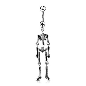 Pierced Owl 14GA Stainless Steel Skeleton Dangling Belly Ring (Black)