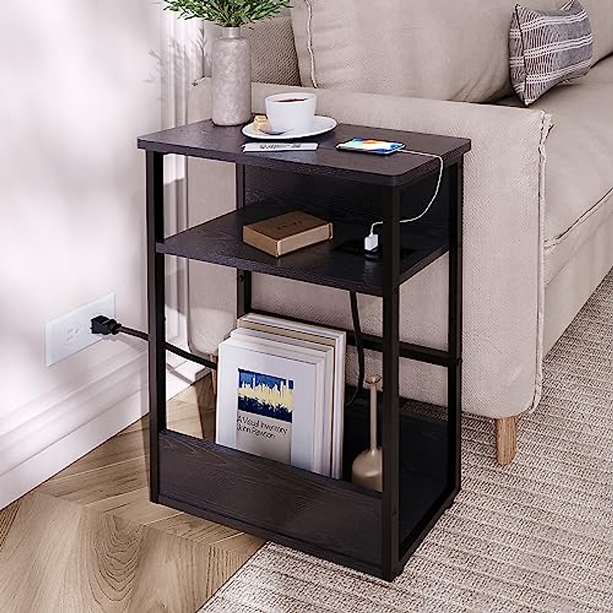 GGWEW Narrow Side Table with Charging Station, 3 Tier Slim End Table for Small Spaces, 23.6 Inch Height Thin Tables with Storage Shelf and Magazine Rack for Living Room, Black