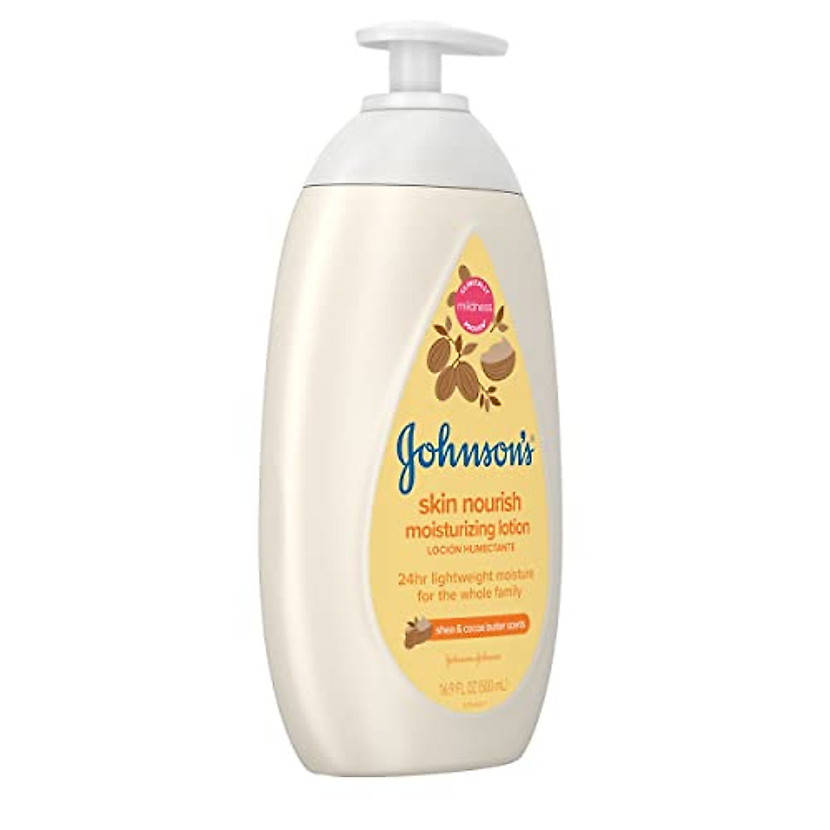 Johnson's Skin Nourish Moisturizing Baby Lotion for Dry Skin with Shea & Cocoa Butter Scents, Gentle & Lightweight Body Lotion for The Whole Family, Hypoallergenic, Dye-Free, 16.9 fl. oz