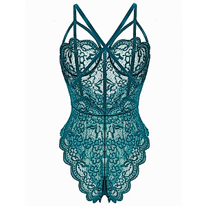 klier Lingerie for Women One Piece Teddy Floral Lace Bodysuit Babydoll Chemise Sleepwear Dark Green