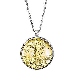 Gold Layered Silver Walking Liberty Half Dollar Coin Silvertone Pendant Necklace