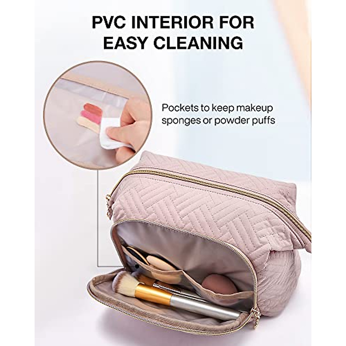 BAGSMART Travel Makeup Bag, Cosmetic Bag Make Up Organizer Case,Large Wide-open Pouch for Women Purse for Toiletries Accessories Brushes Pink