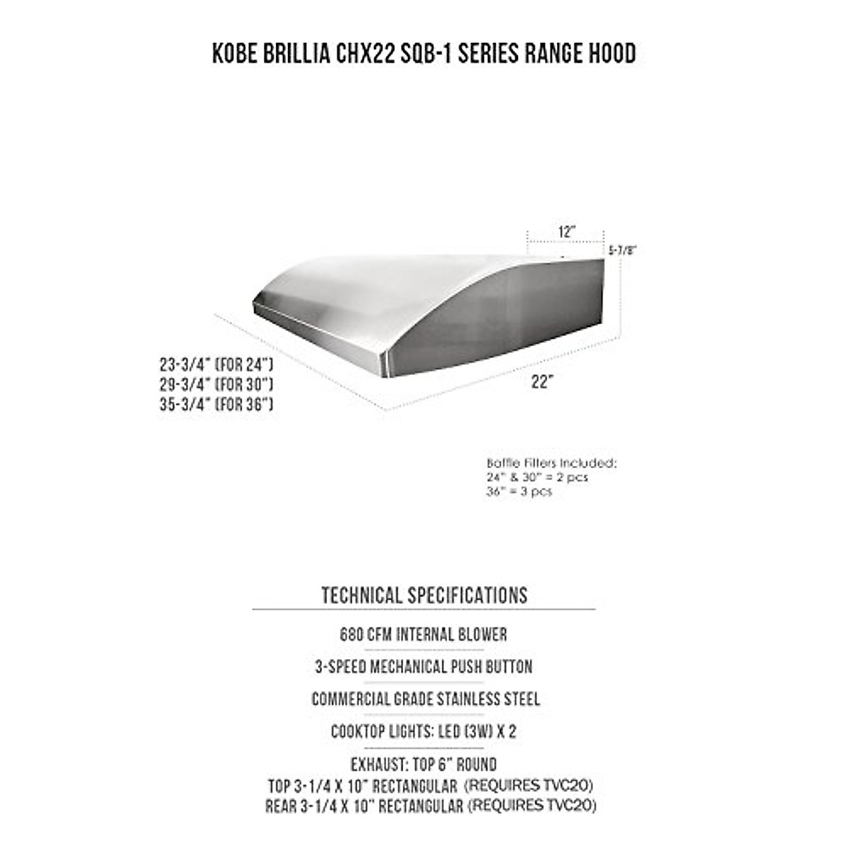 KOBE CHX2230SQB-1 Brillia 30-inch Under Cabinet Range Hood, 3-Speed, 680 CFM, LED Lights, Baffle Filters, Stainless Steel