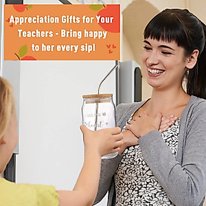 ICOONEY Teacher Appreciation Gifts Drinking Glass - Teacher Gifts for Women - Thank You Gifts for Best Teacher - 15 Oz Teacher Birthday Gift Beer Can Glass Cups with Lids and Straws