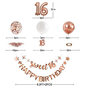 Rose Gold Sweet 16 Happy Birthday Banner Garland for Sweet 16 Decorations Hanging Sweet 16 Signs Foil Balloon 16 for Girls 16th Happy Birthday Party Banner for Sweet Sixteen Party Decor Supplies