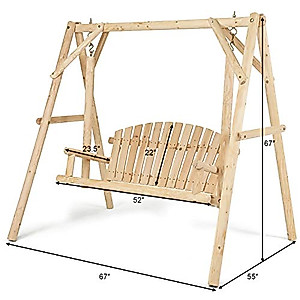 Tangkula Wooden Porch Swing, A-Frame Wood Log Swing Bench Chair, Outdoor Rustic Curved Back Swing Chair for Patio Garden Yard