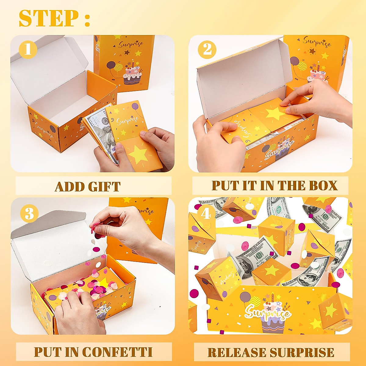 Surprise Gift Box Explosion for Money, Unique Folding Bouncing Red Envelope Gift Box with Confetti, Cash Explosion Luxury Gift Box for Mom Birthday Anniversary Valentine Proposal (15 Bounces) (Yellow)