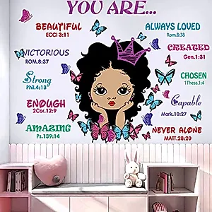 Black Girl You Are Beautiful Inspirational Quote Wall Decal with Butterflies Motivational Saying Positive Sticker Decor African American Girl Bedroom Wall Sticker for Baby Bedroom Wall Art Decoration for Kid Toddler Room.