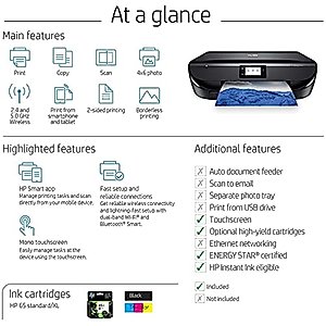 HP Envy 5055 Wireless All-in-One Color Photo Inkjet Printer, Black - Print Scan Copy - 2.2" Touchscreen LCD, 10 ppm, 1200 x 1200 dpi, Auto 2-Sided Printing, Borderless Printing, Bluetooth, USB