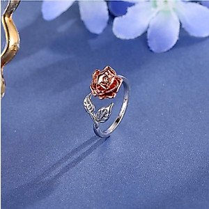 Womens Rose Flower Ring Leaf Adjustable Wrap Open Rings, Color Rose Gold/Silver
