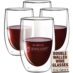 Eparé Stemless Wine Glasses - 13 oz Set of 4 Double-Walled Hand Blown No Stem Wine Glasses - Stemless Red & White Clear Wine Glass Tumblers for Wedding