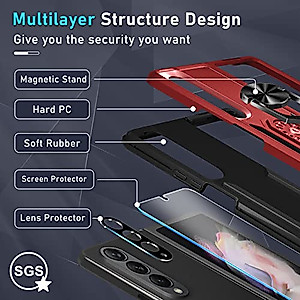 PULEN for Samsung Galaxy Z Fold 4 5G Case with Screen Protector+Camera Lens Protector (3 in 1),Magnetic Metal Ring Kickstand Cover [Military Grade] [Shockproof Protection] Heavy Duty Case -Red
