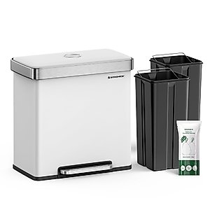 SONGMICS Kitchen, 16 Gallon (2 x 8 Gallon) Dual Compartment Garbage Can, 60L Pedal Recycling Bin, Stay-Open Lid and Soft Closure, Stainless Steel, 15 Trash Bags Included, White ULTB202W01