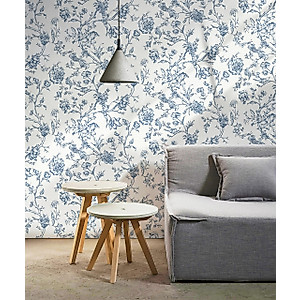 Safiyya Peel and Stick Wallpaper Floral Birds Contact Paper Blue White Wallpaper Peel and Stick Removable Wallpaper Boho Wallpaper Flower Contact Paper for Walls Vinyl Rolls 118"x17.3"