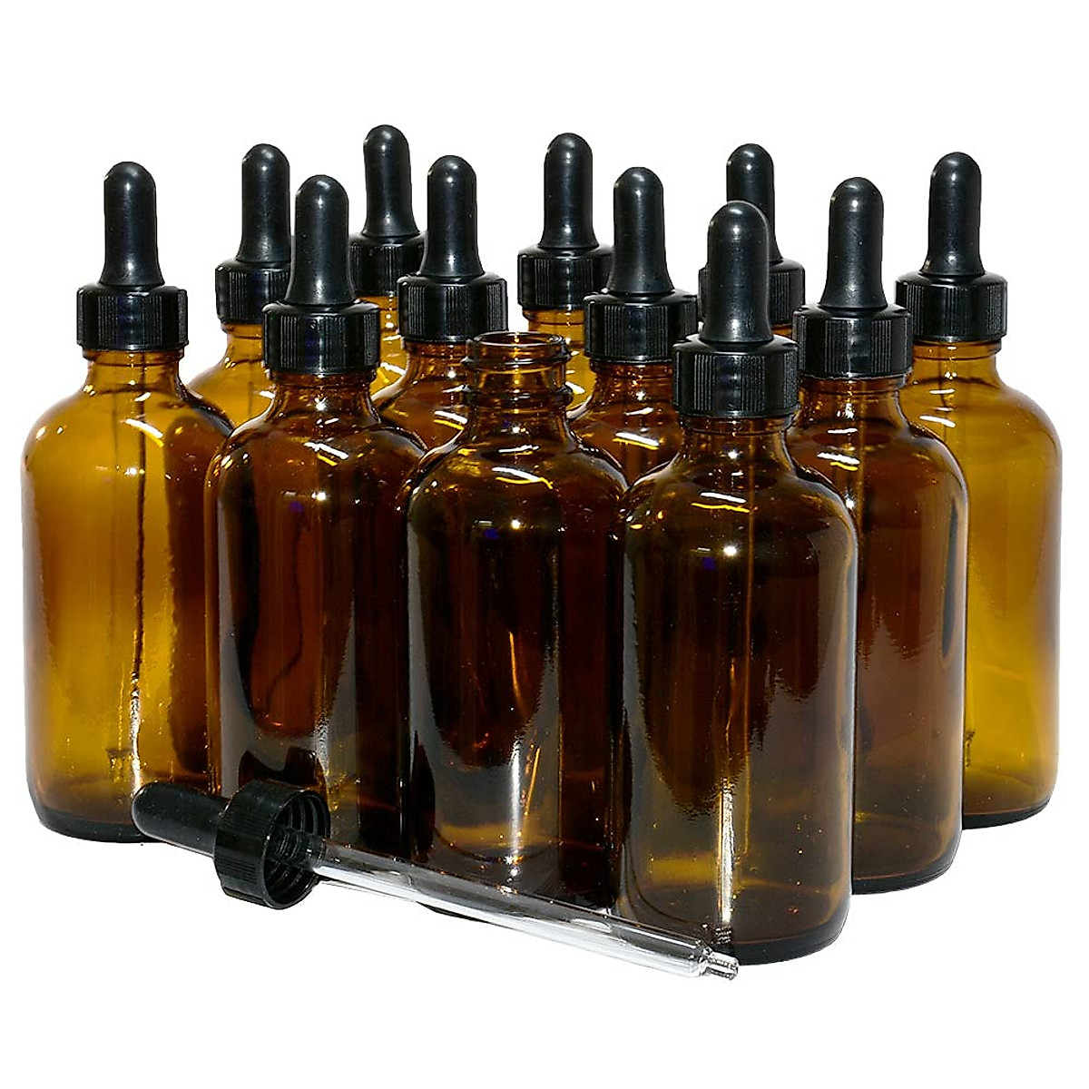(Pack of 12) 4 oz. Amber Boston Round with Black Glass Dropper