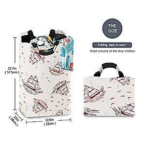 Nander Laundry Basket Red Sailboat Seagull Large Hamper Foldable Bag for Dirty Clothes Organizer Laundry Bag Picnic Baskets Print Toy Gift Organizer