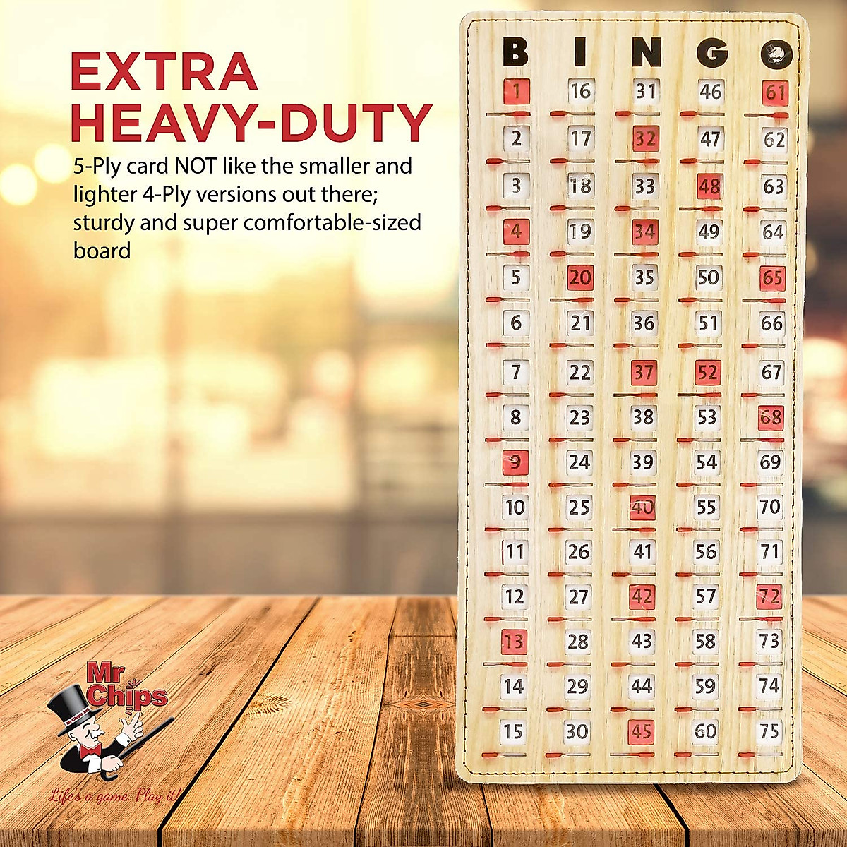 MR CHIPS Jam-Proof Bingo Cards with Sliding Windows, 100 Deluxe Woodgrain Cards, 75 Calling 1 Master Board…
