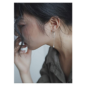 CZ Small Hoop Cuff Earrings With Long Chain Dangle S925 Sterling Silver for Women Girls Cartilage Sensitive Ears Fashion Elegant Cubic Zirconia Threader Tassel Dangling Hypoallergenic Gifts