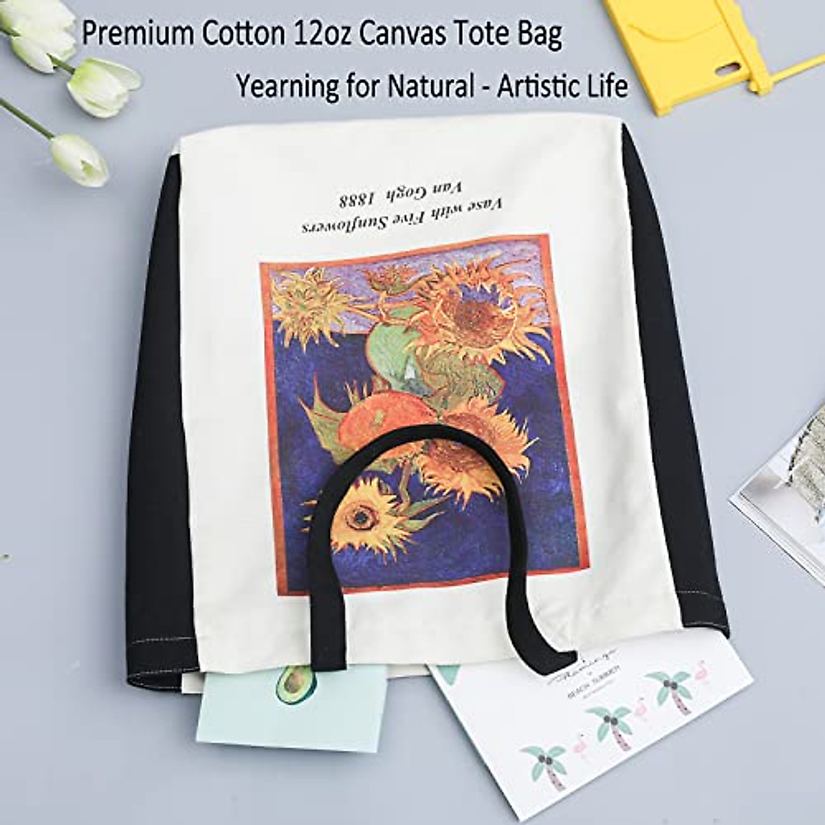 Sanmuci Canvas Tote Bag, Aesthetic Pattern Zipper Tote Bag, Reusable Oversized Plus Inside Pocket Grocery Bag, Supermarket, Beach, Van Gogh - Vase with Five Sunflowers