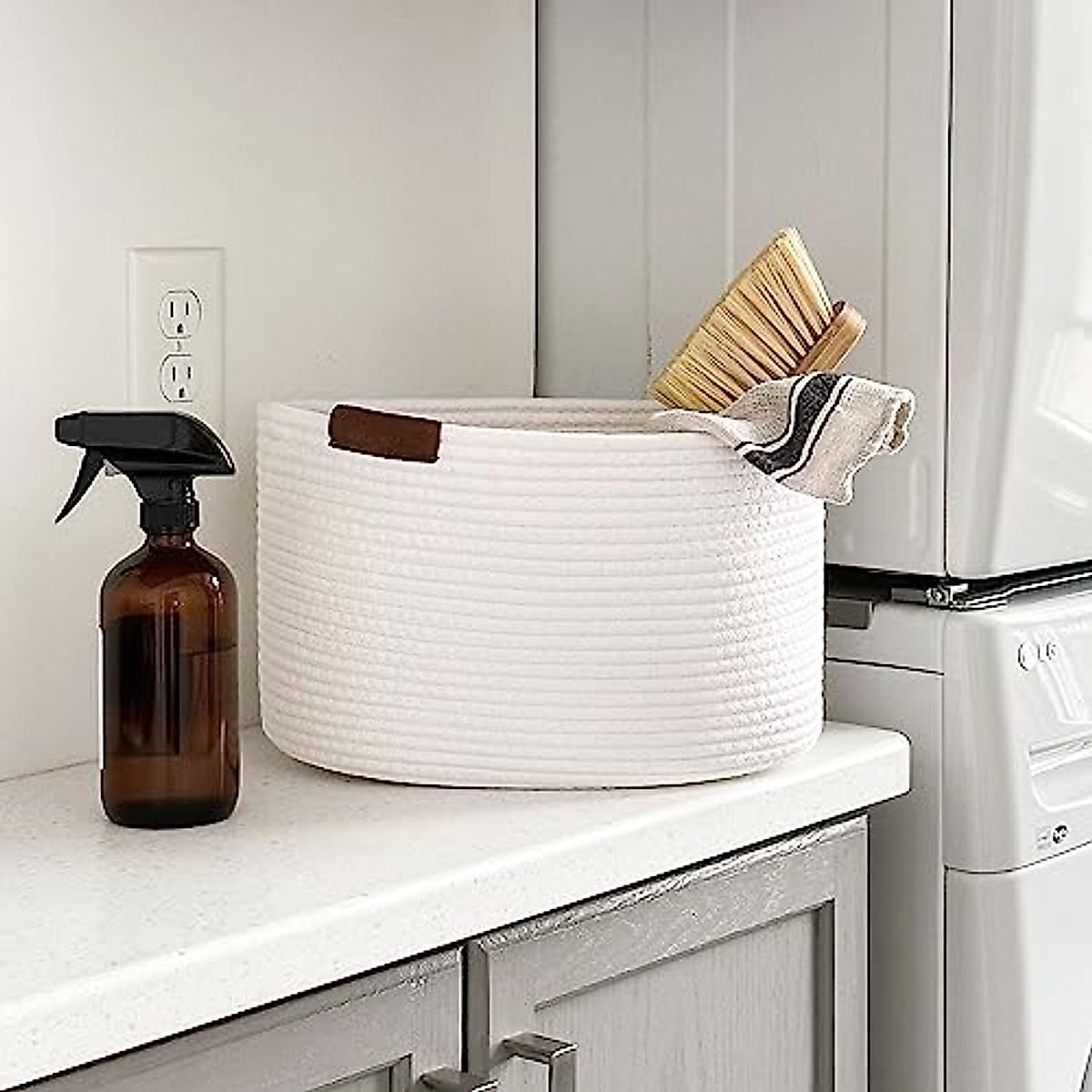CHICVITA Woven Storage Basket for Shelves, Cotton Rope Dog Toy Bin, Empty Gift Basket with Handles, Small Laundry Baskets for Cloth Towel Shoes, White Oval Basket 3 Packs