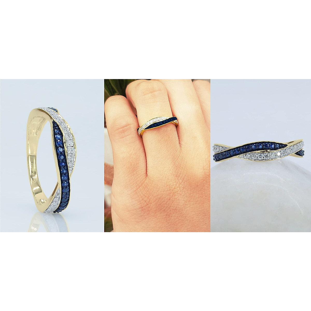 Dazzlingrock Collection Blue Sapphire & White Diamond Swirl Stackable Wedding Band in 14K Yellow Gold Size 9