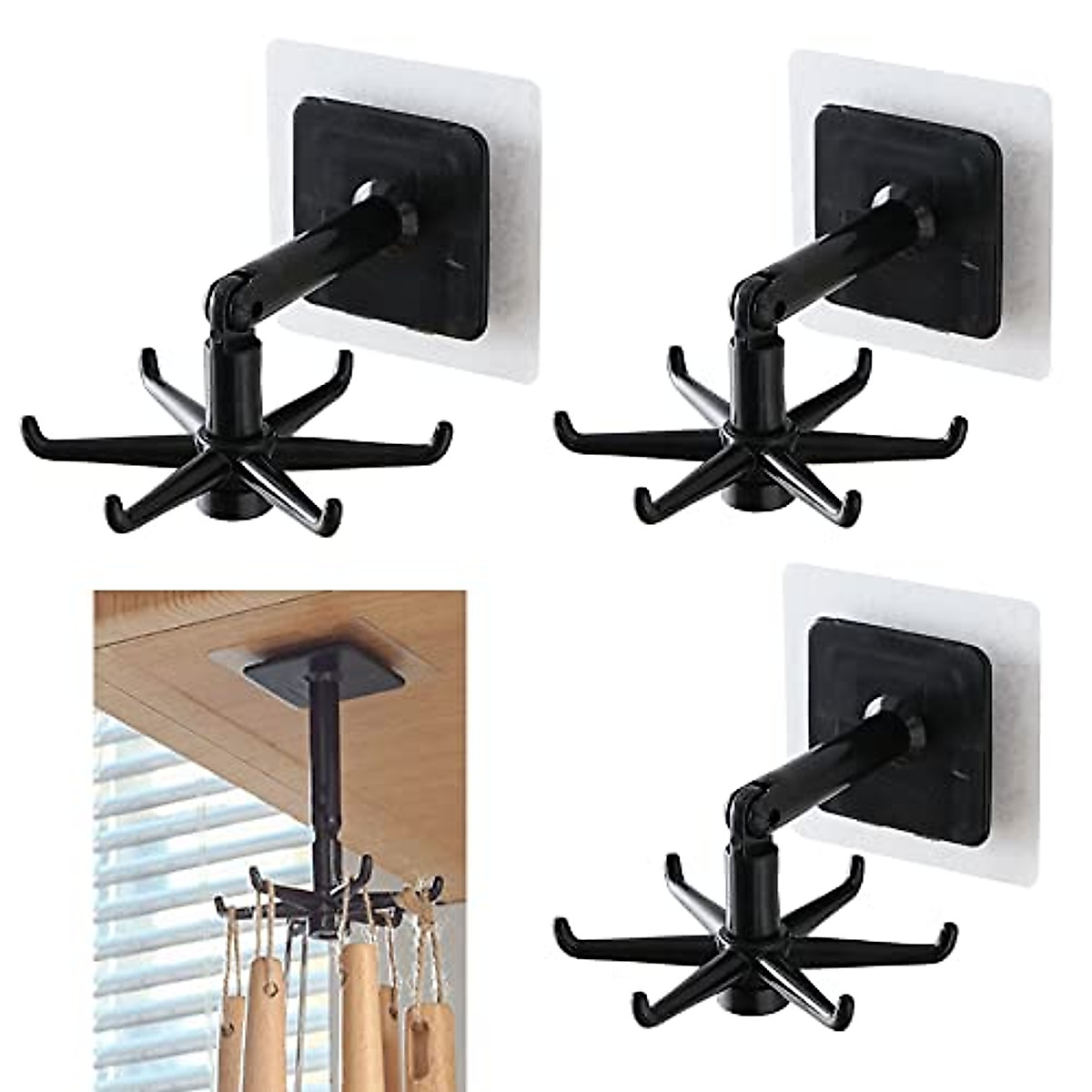 4 PCS Kitchen Utensil Holder 360 Degrees Rotating Folding Hook Self-Adhesive、No Punching 180 Degrees Vertical Flip Hook Waterproof Kitchen Hooks for Hanging for Home Bathroom Kitchen Towel (Black)