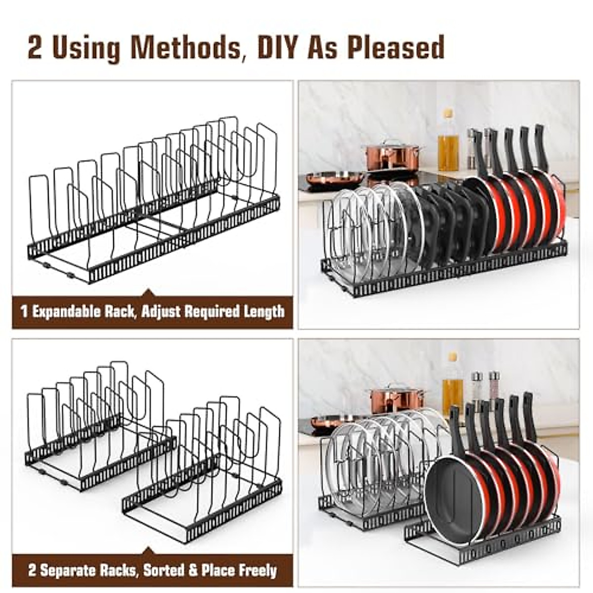 Housolution Pot Lid Organizer, Upgraded Expandable Pot and Pan Organizer with 14 Adjustable Deeper U-Shaped Dividers, Pot and Pan Storage Rack Lid Holder for Cabinet, Black